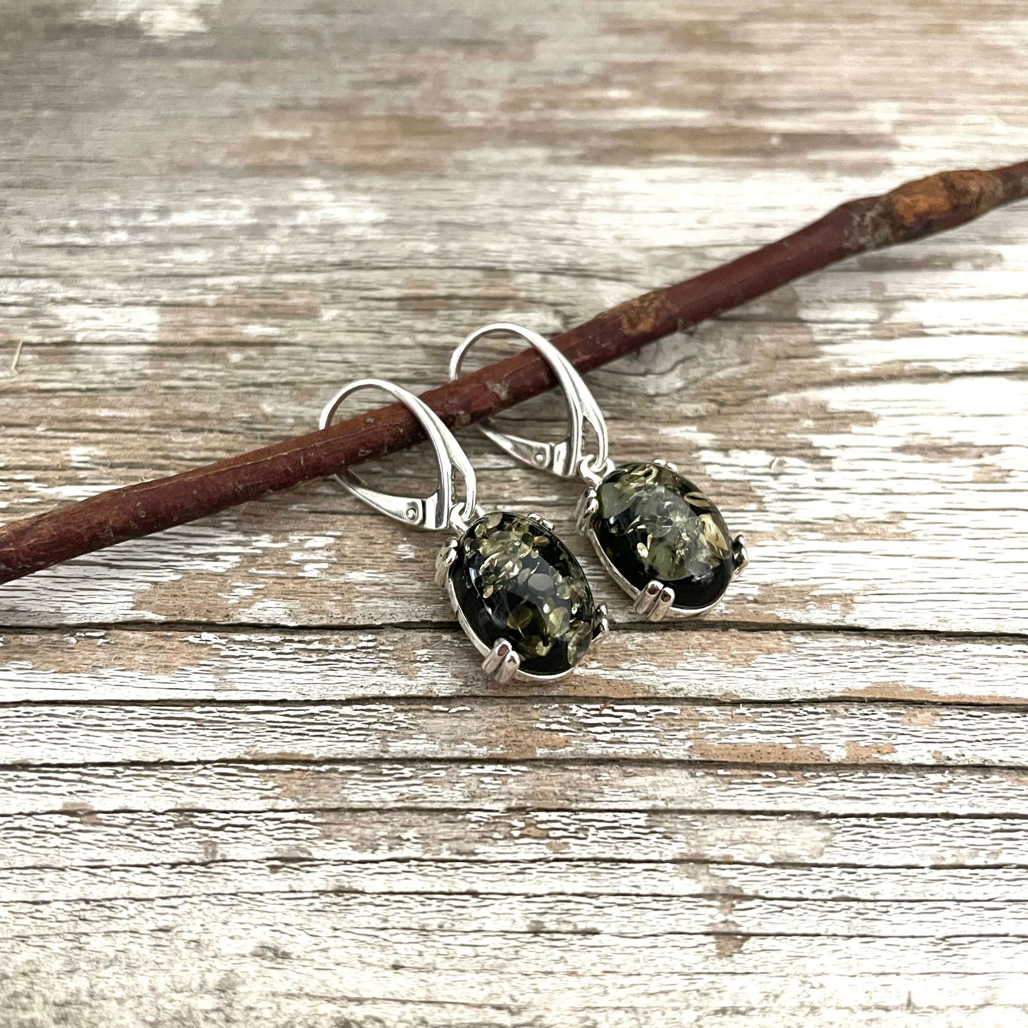 Green Amber Leverback Earrings | Amber Secrets
